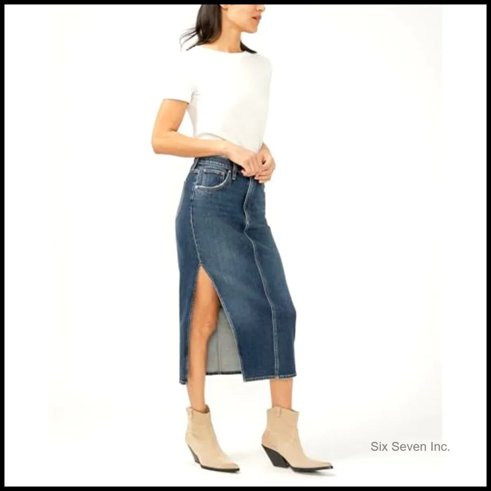 Skirts | Side Slit Denim Midi Skirt High Rise Cotton Blend | Poshmark